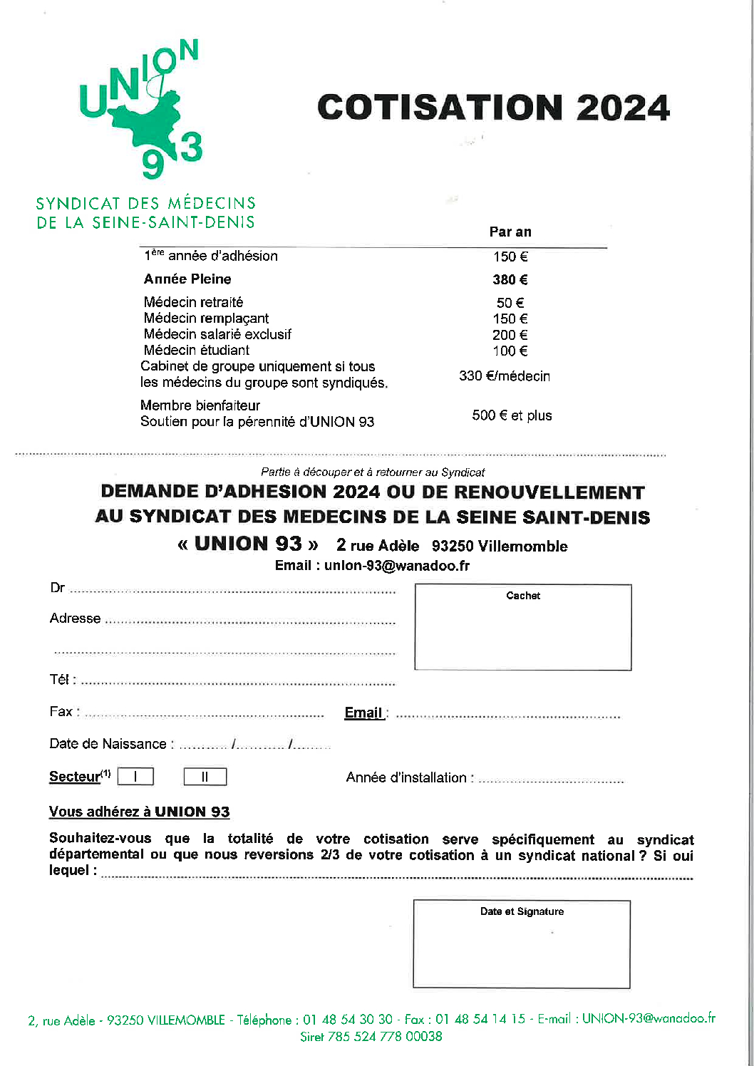 Bulletin cotisation 2024 | Union 93